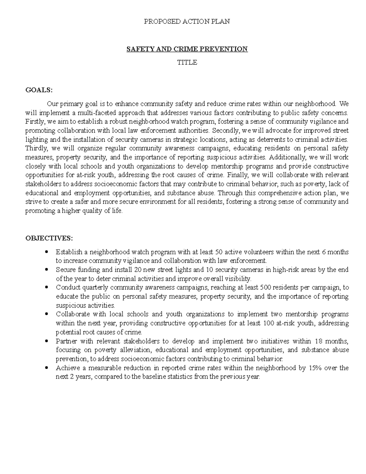 Proposed Action PLAN - for entrep - PROPOSED ACTION PLAN SAFETY AND ...