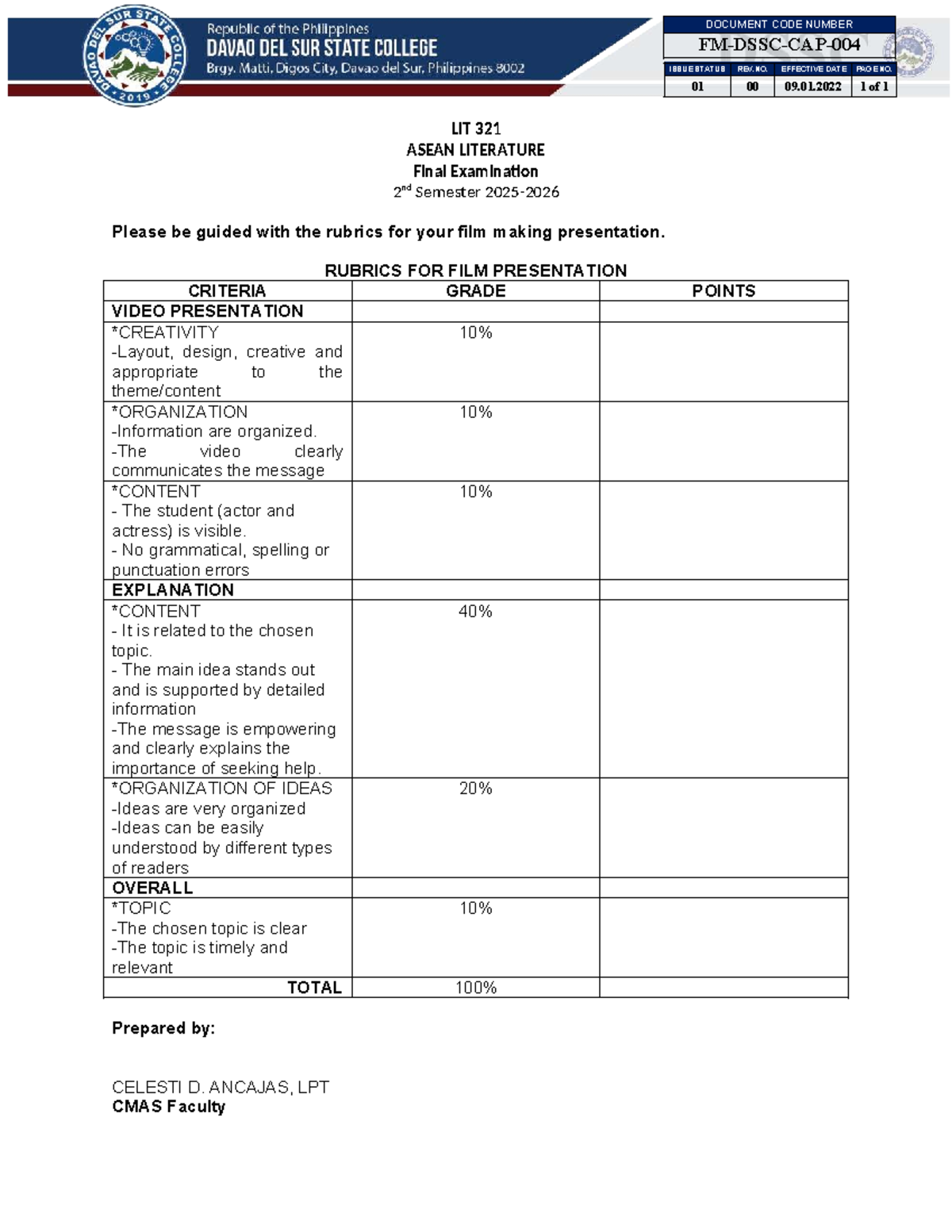 LIT 321 ASEAN Literature Final Exam Rubrics for Film Presentation - Studocu