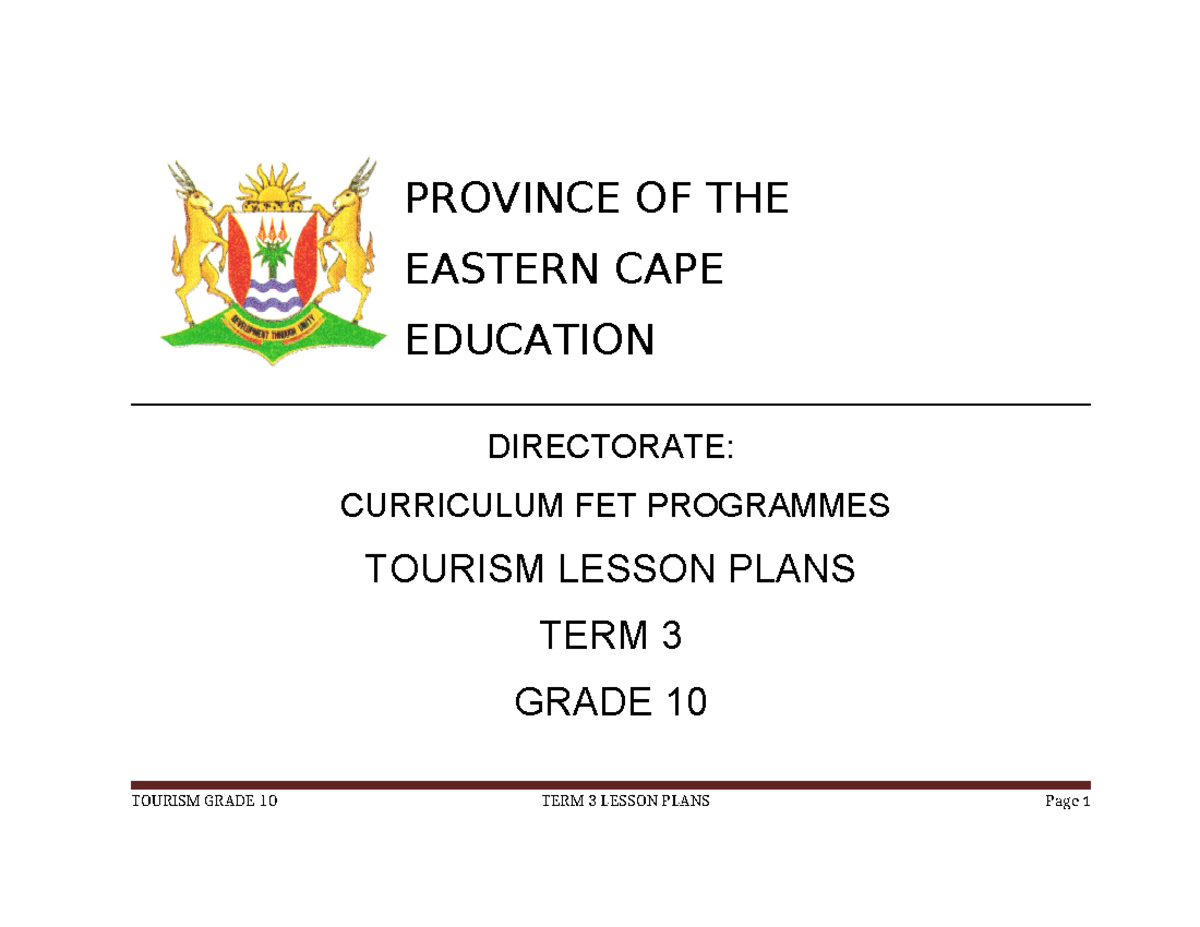 Tourism Grade 10 Term 3 Lesson Plans and Activities - Studocu