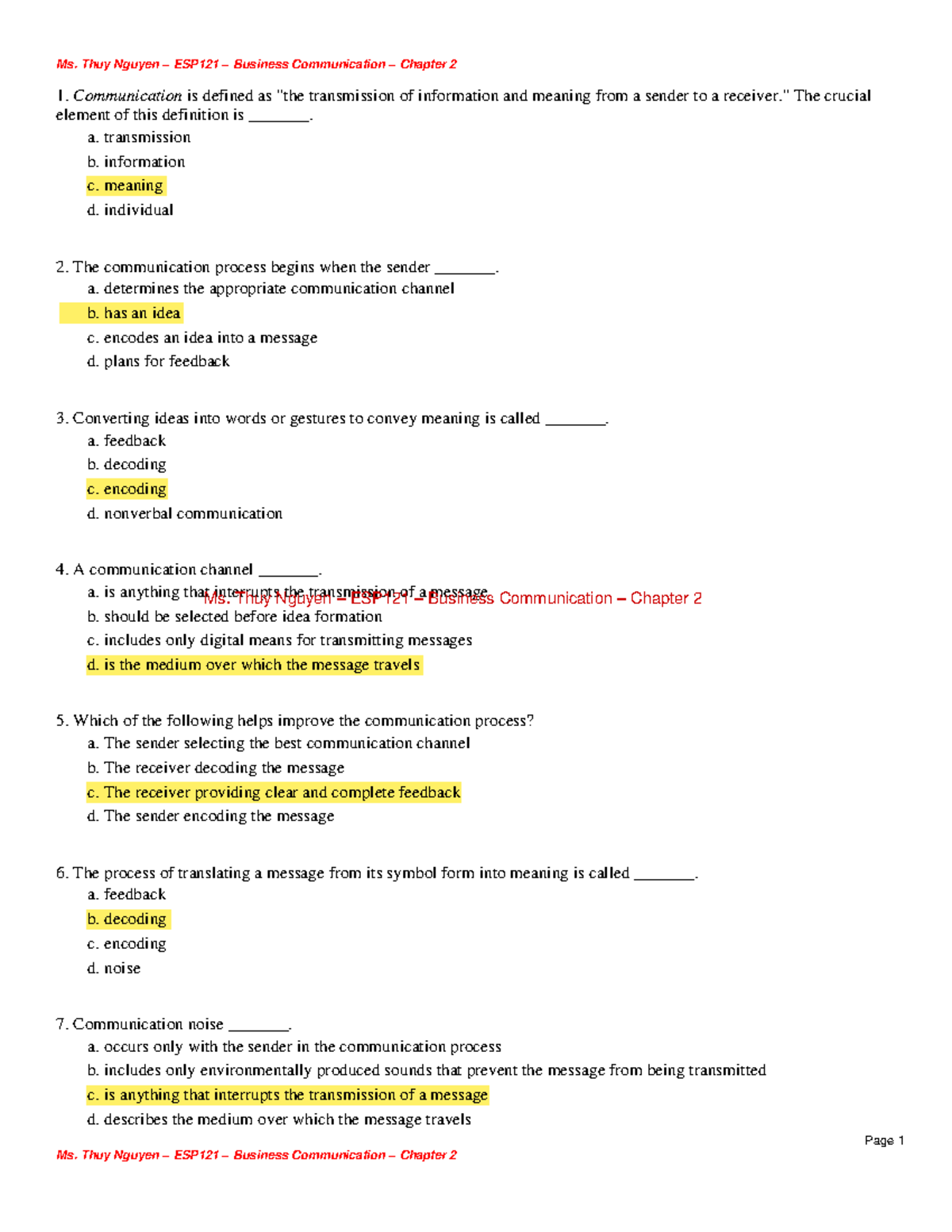 ESP121 Business Communication Chapter 2: Test Bank Questions and ...