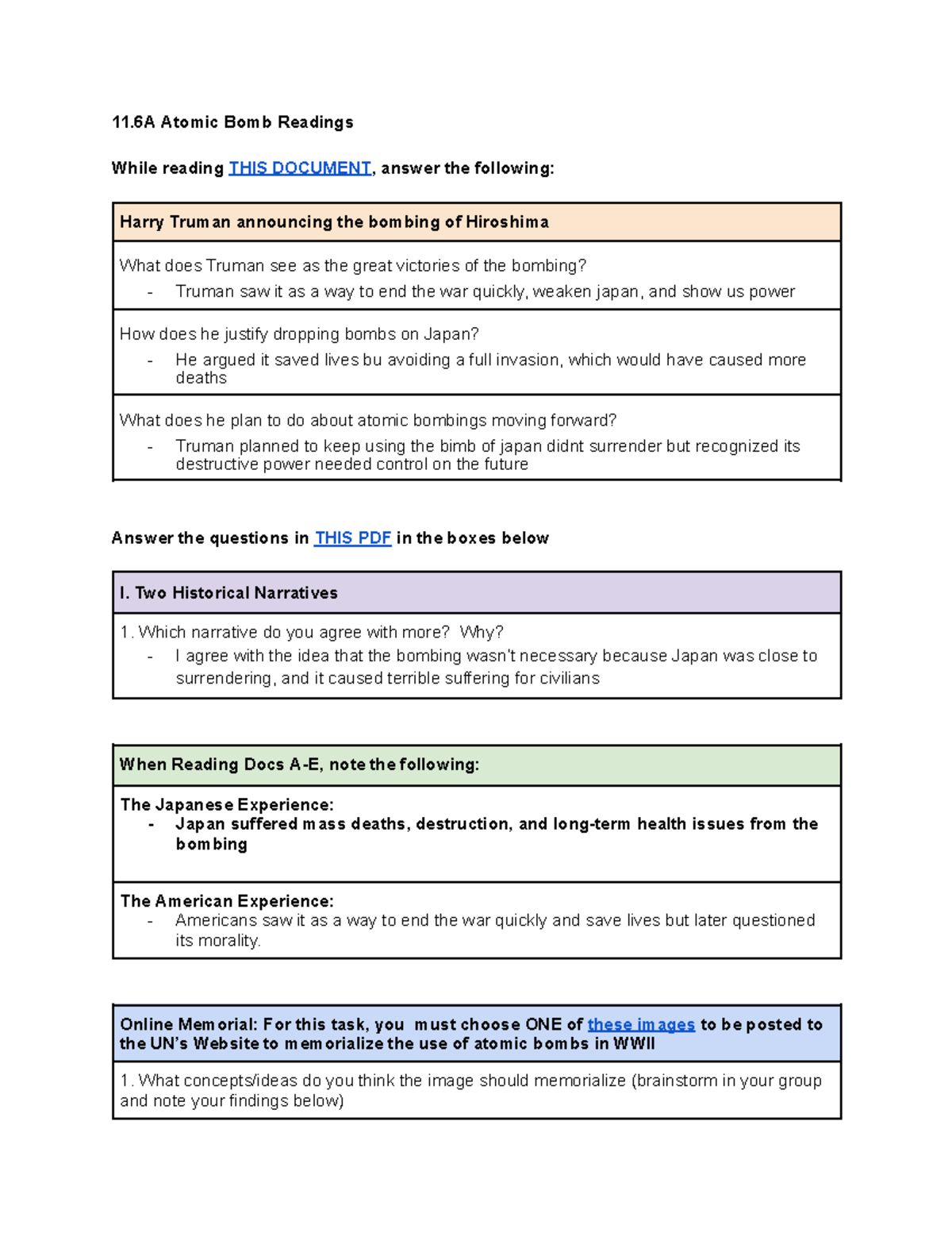 Copy of 11.6A Atomic Bomb Reading Answer Sheet - 11 Atomic Bomb ...
