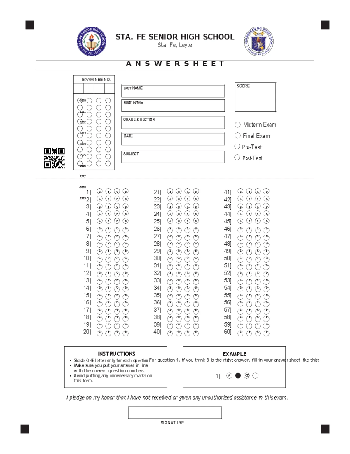Bubble Answer Sheet for Questions 1-50 - Studocu