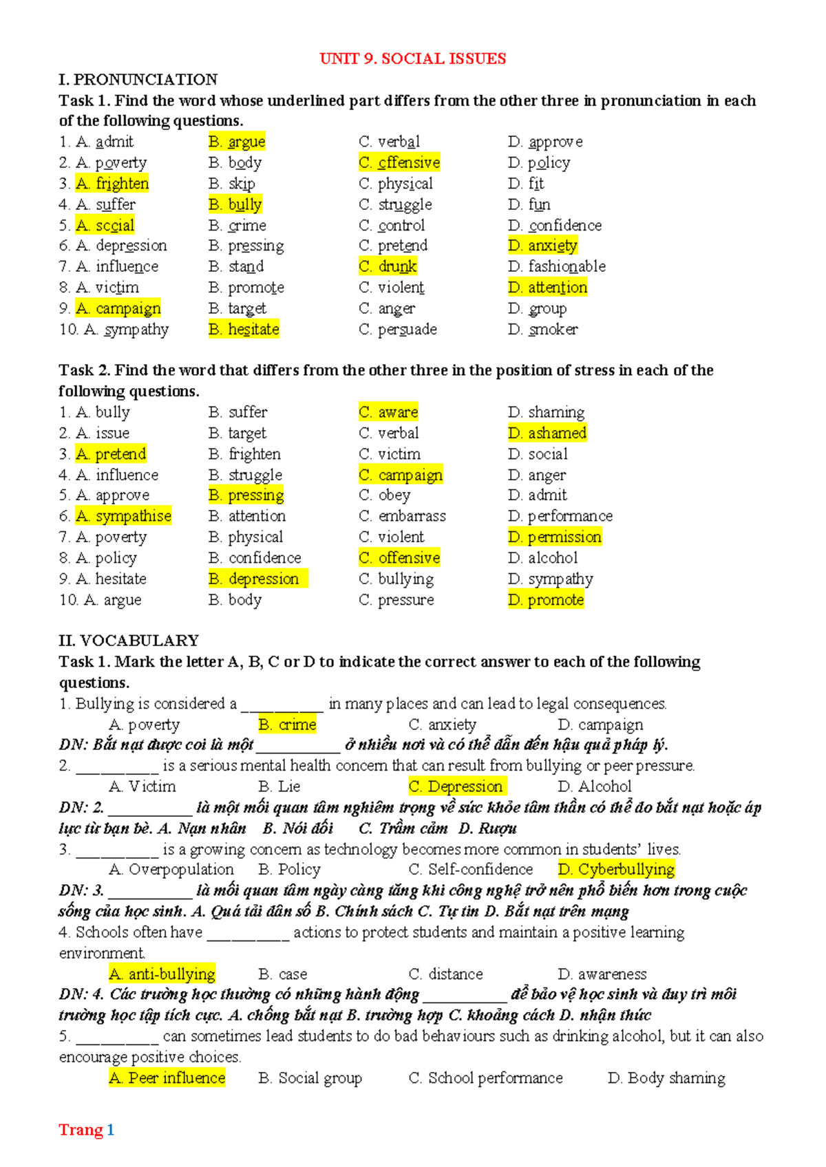 UNIT 9: SOCIAL ISSUES - PRONUNCIATION, VOCABULARY & WRITING EXERCISES ...