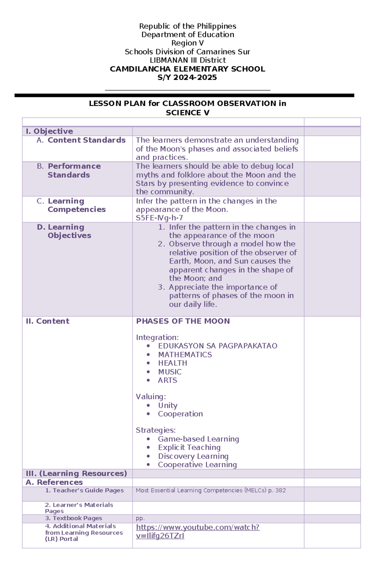 CO Lesson Plan: Science 5 Q4 - Phases of the Moon - Studocu