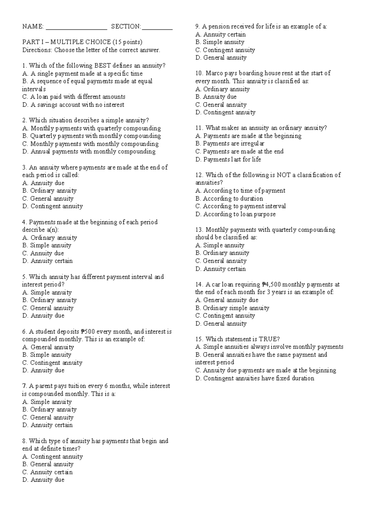 Simple and General Annuities Exam (FIN 101) - Studocu