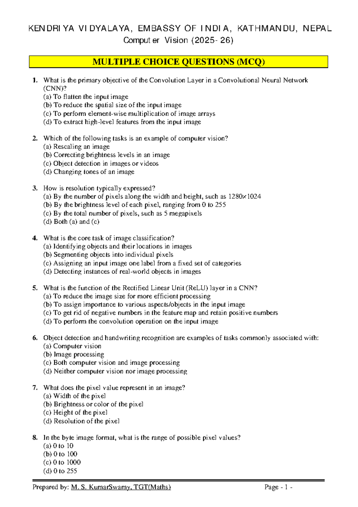 Computer Vision MCQ Study Guide for CS101 - Studocu