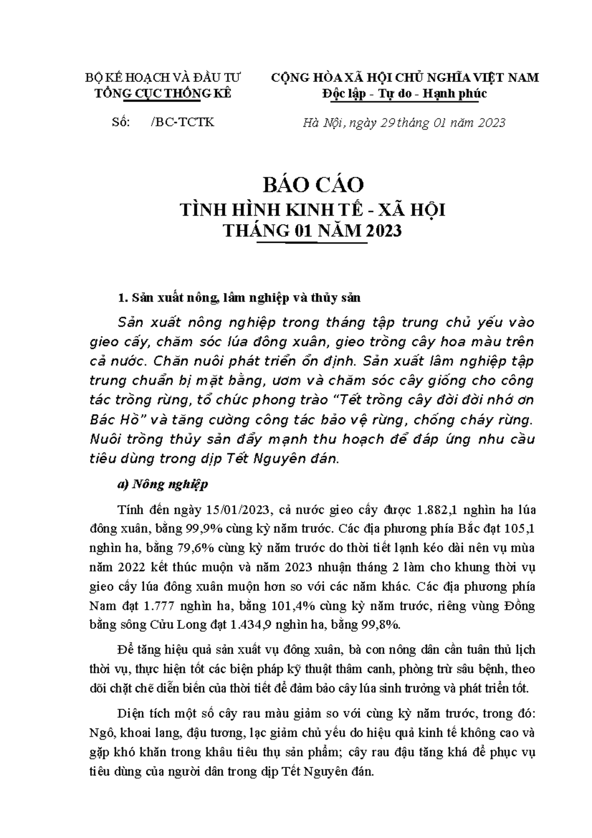 Baocao KTXH-T01 - BỘ KẾ HOẠCH VÀ ĐẦU TƯ TỔNG CỤC THỐNG KÊ Số: /BC-TCTK ...