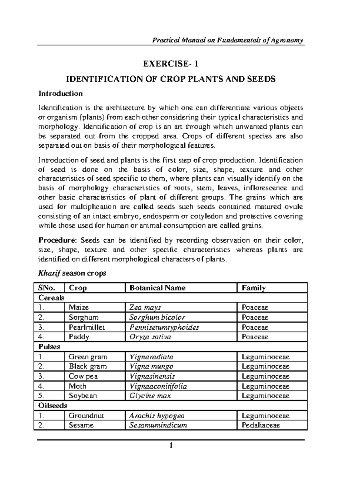 Practical Manual: Crop Plant & Seed Identification (Agron-111) - Studocu
