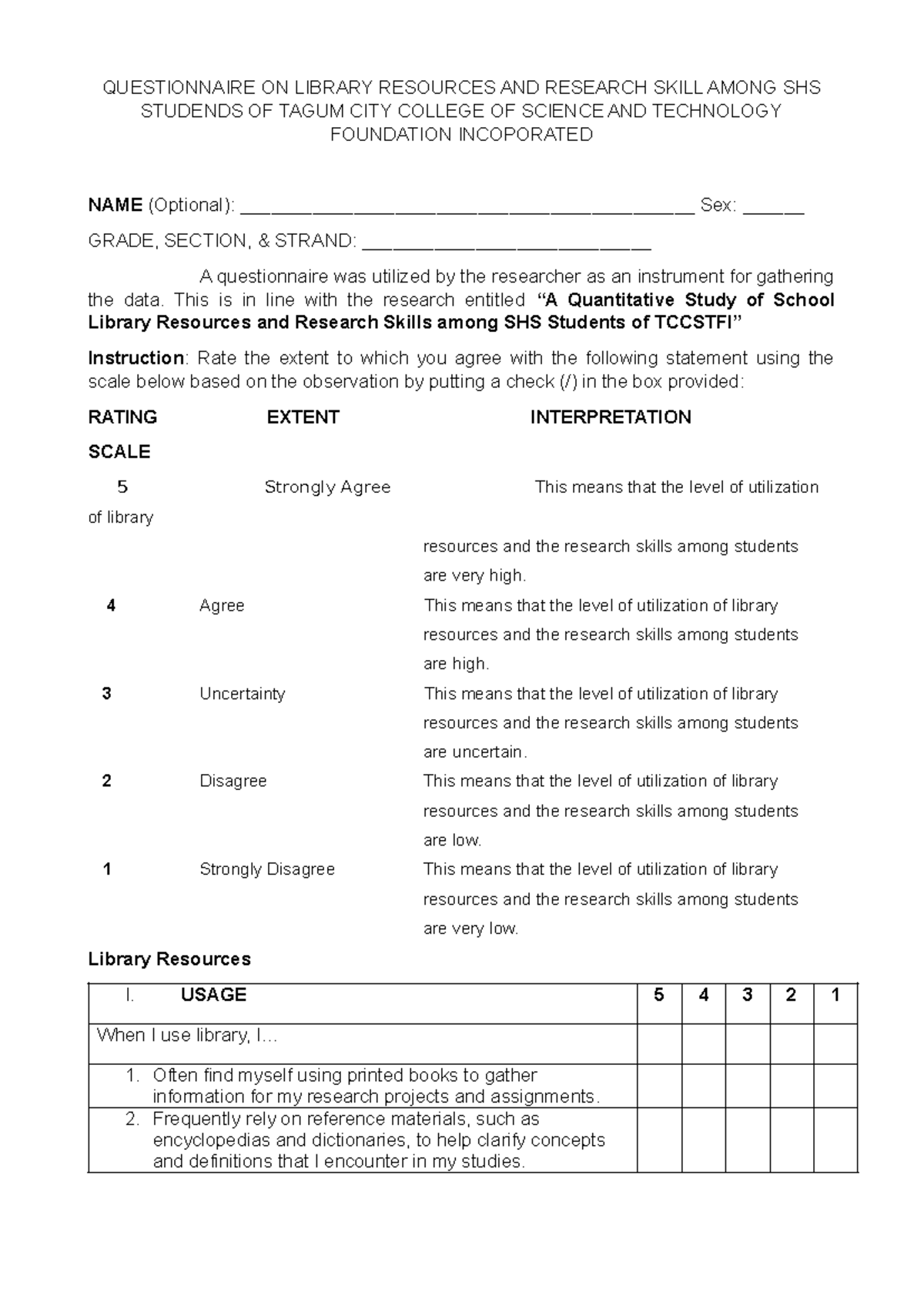 Questionnaire on Library Resources & Research Skills - PR2 PING2 - Studocu