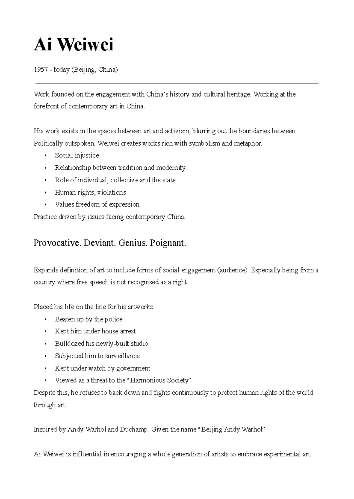Ai Weiwei: Visual Art HSC Study Notes and Analysis - Studocu