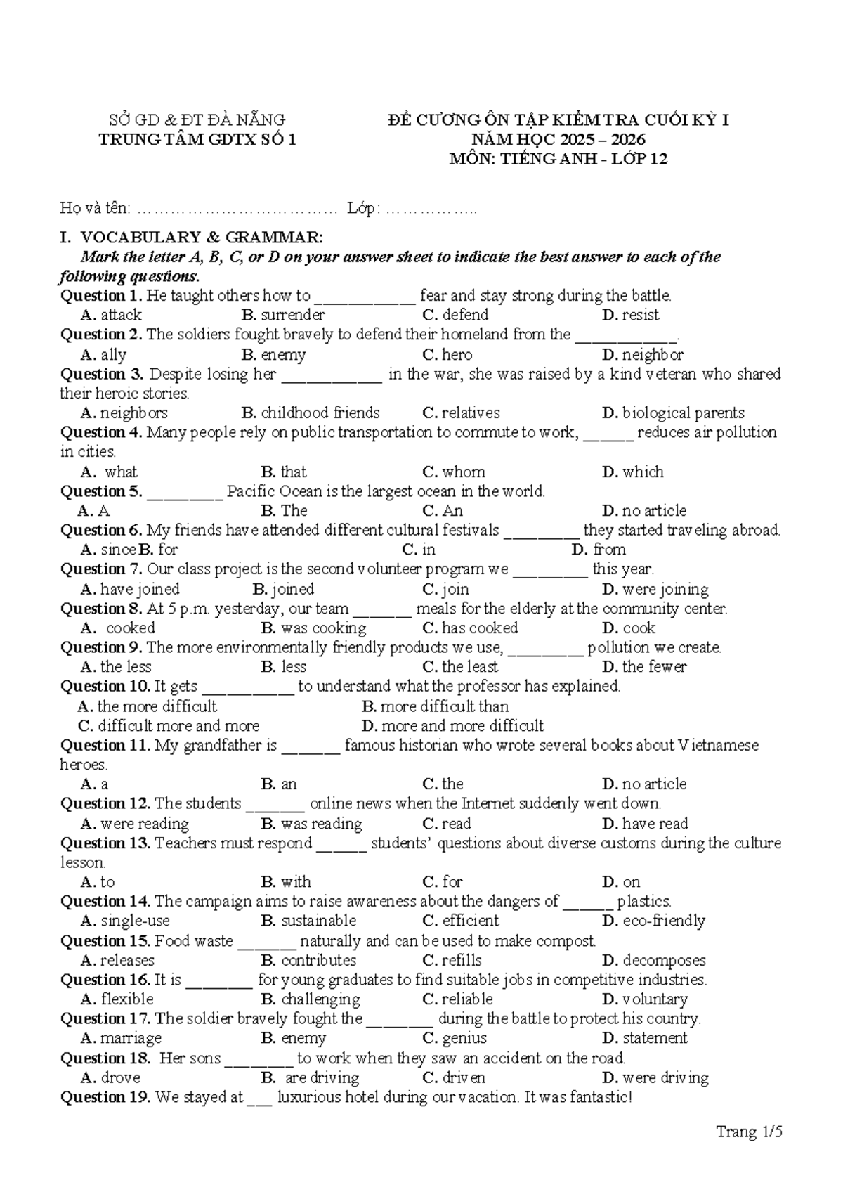 Đề cương ôn tập kiểm tra cuối kỳ I - Tiếng Anh K12 - 2025-2026 - Studocu
