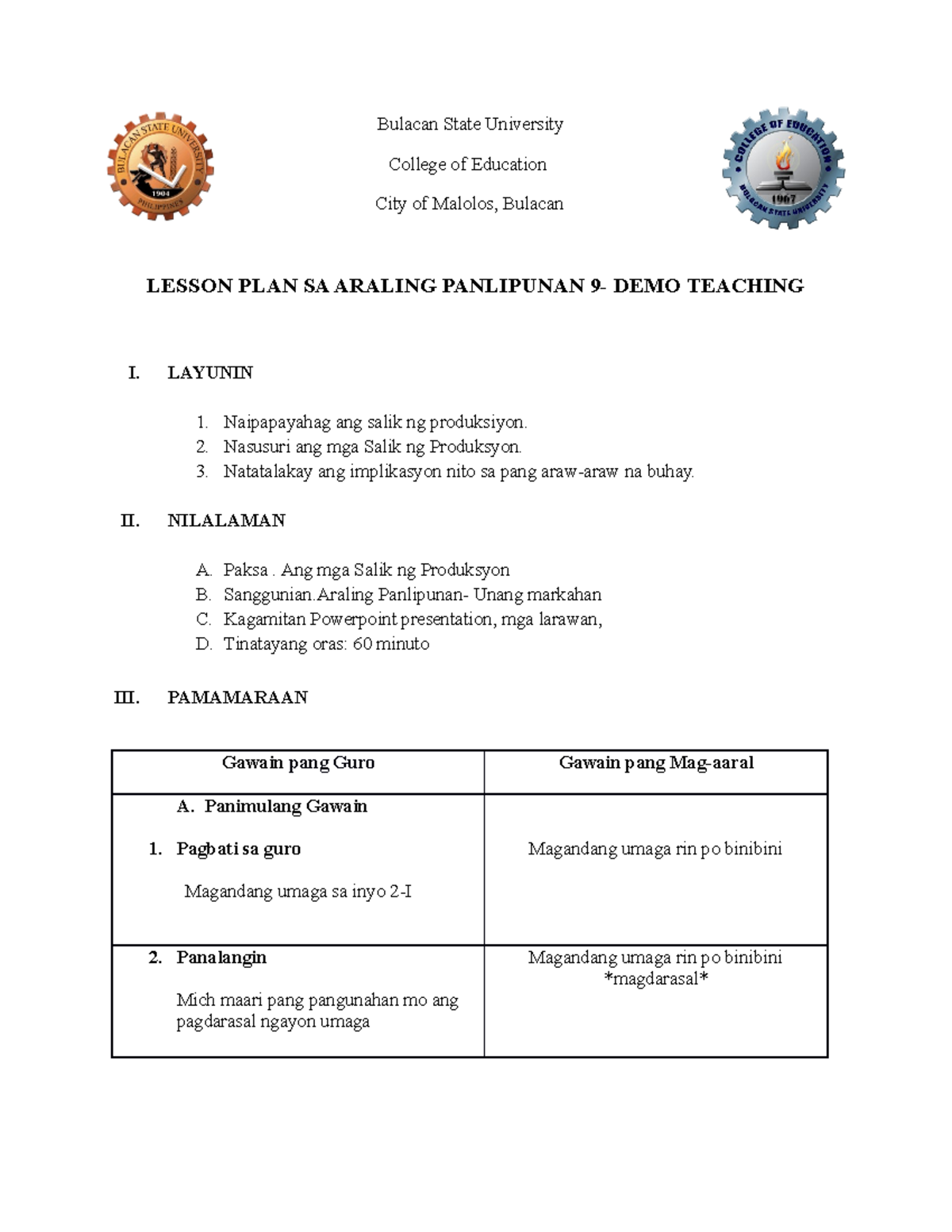 Lesson Plan: Demo Teaching on Salik ng Produksyon - ARALING PANLIPUNAN ...