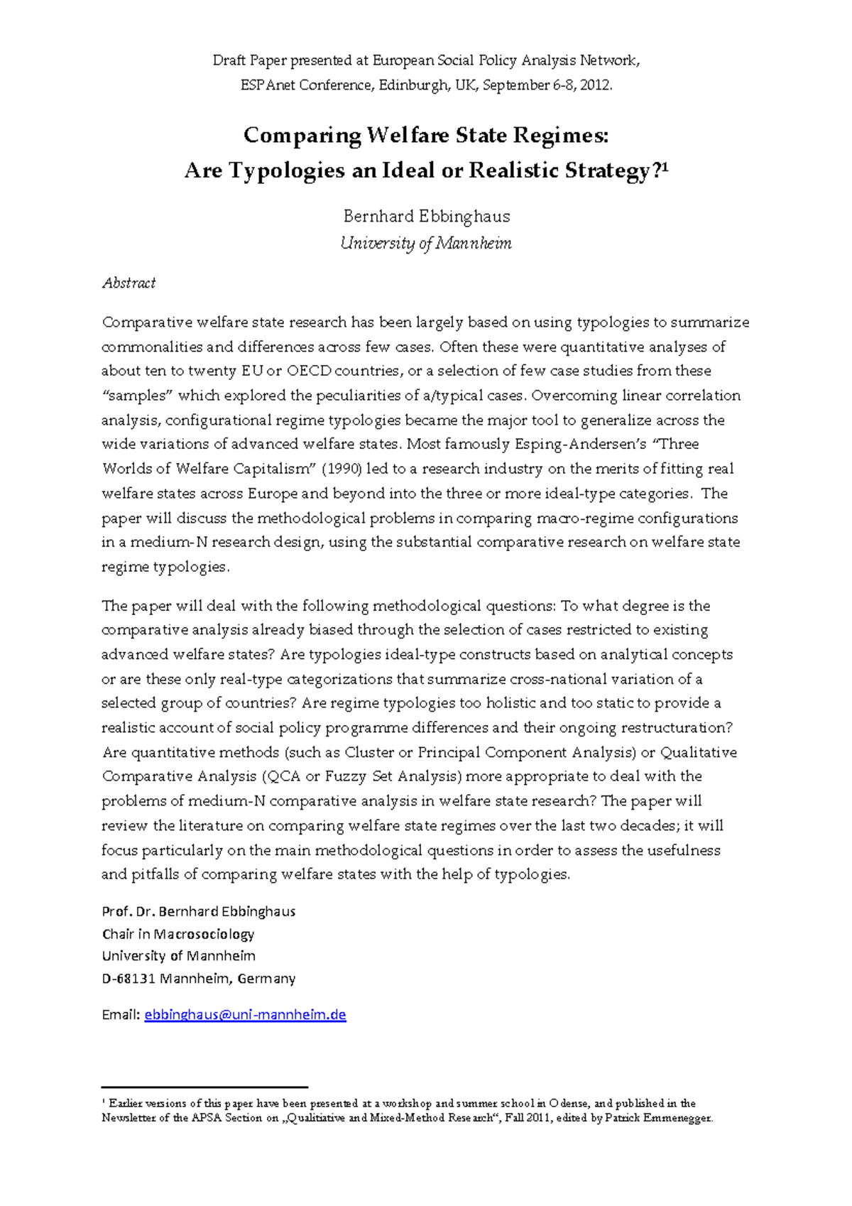 Ebbinghaus: Analyzing Esping-Andersen's Welfare Regime Typologies - Studocu