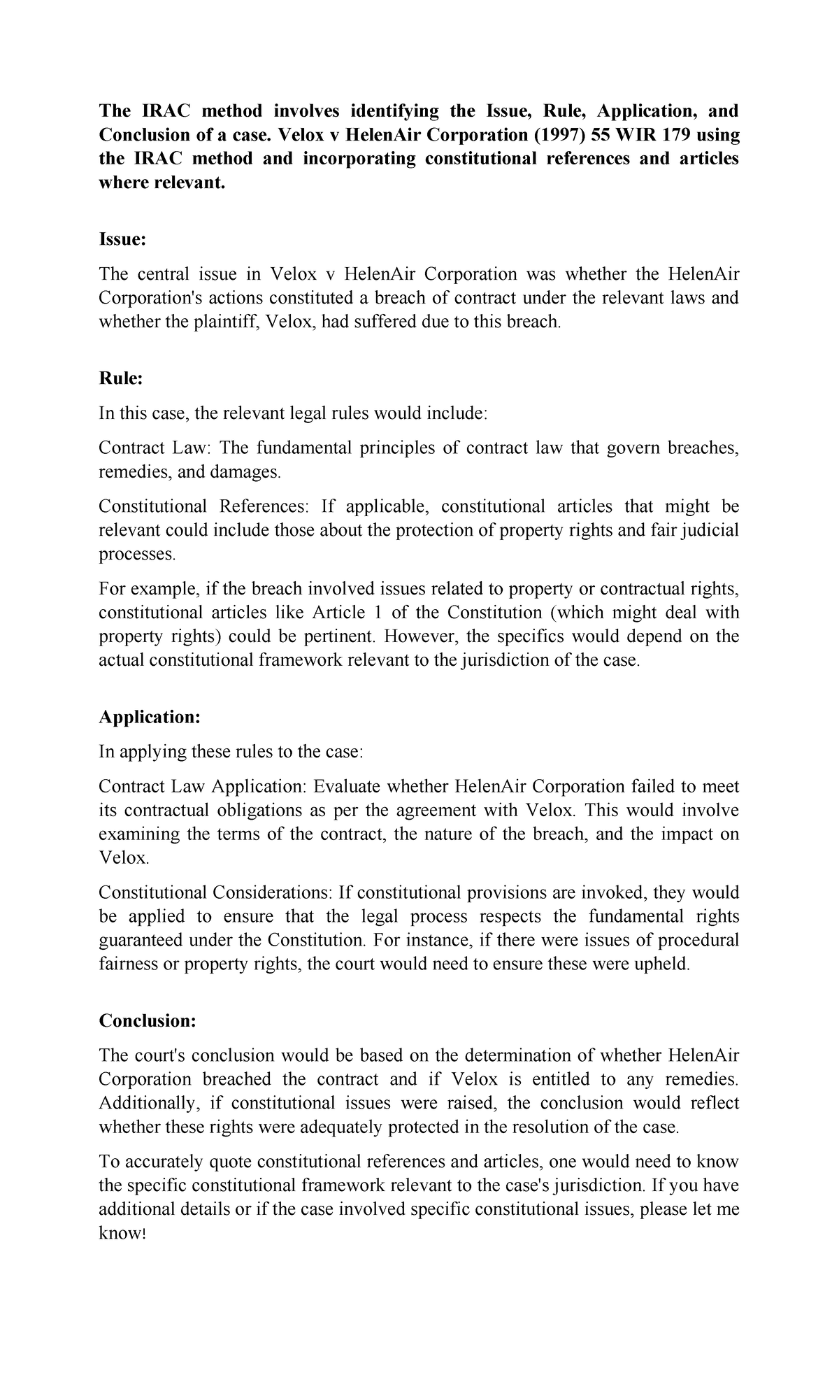 IRAC Analysis of Velox v HelenAir Corp (1997) - Breach of Contract ...