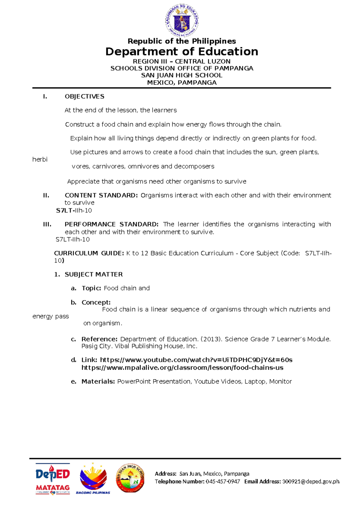 DLP S7LT-IIh-10 Food Chain and Food Web Lesson Plan - Studocu