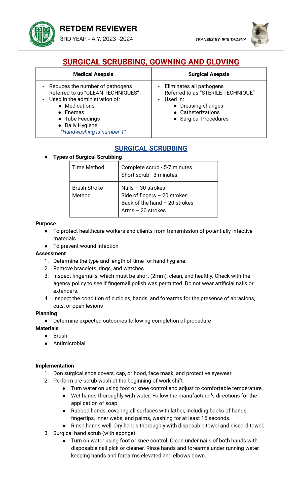 3RD-YR Surgical Scrubbing, Gowning, and Gloving Procedures Notes - Studocu