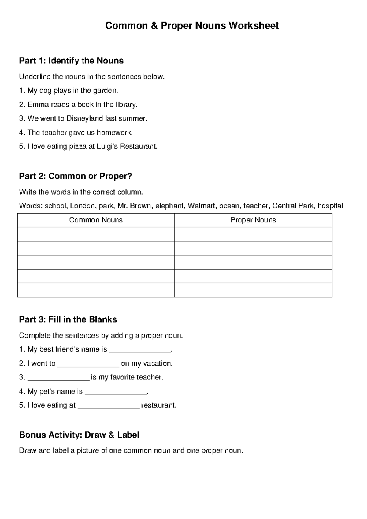 Common Proper Nouns Worksheet: Identify & Classify Nouns Activities ...