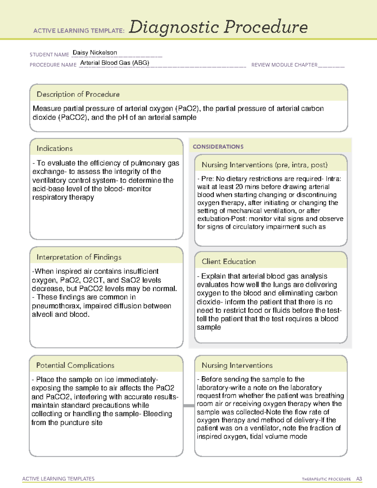 ABG Diagnostic Procedure Active Learning Template for Nursing - Studocu