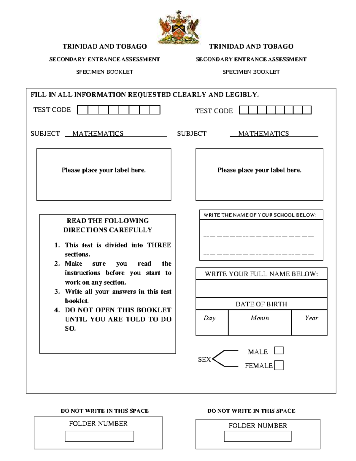 2019 SEA Mathematics Specimen Paper 2: Test Instructions and Questions ...
