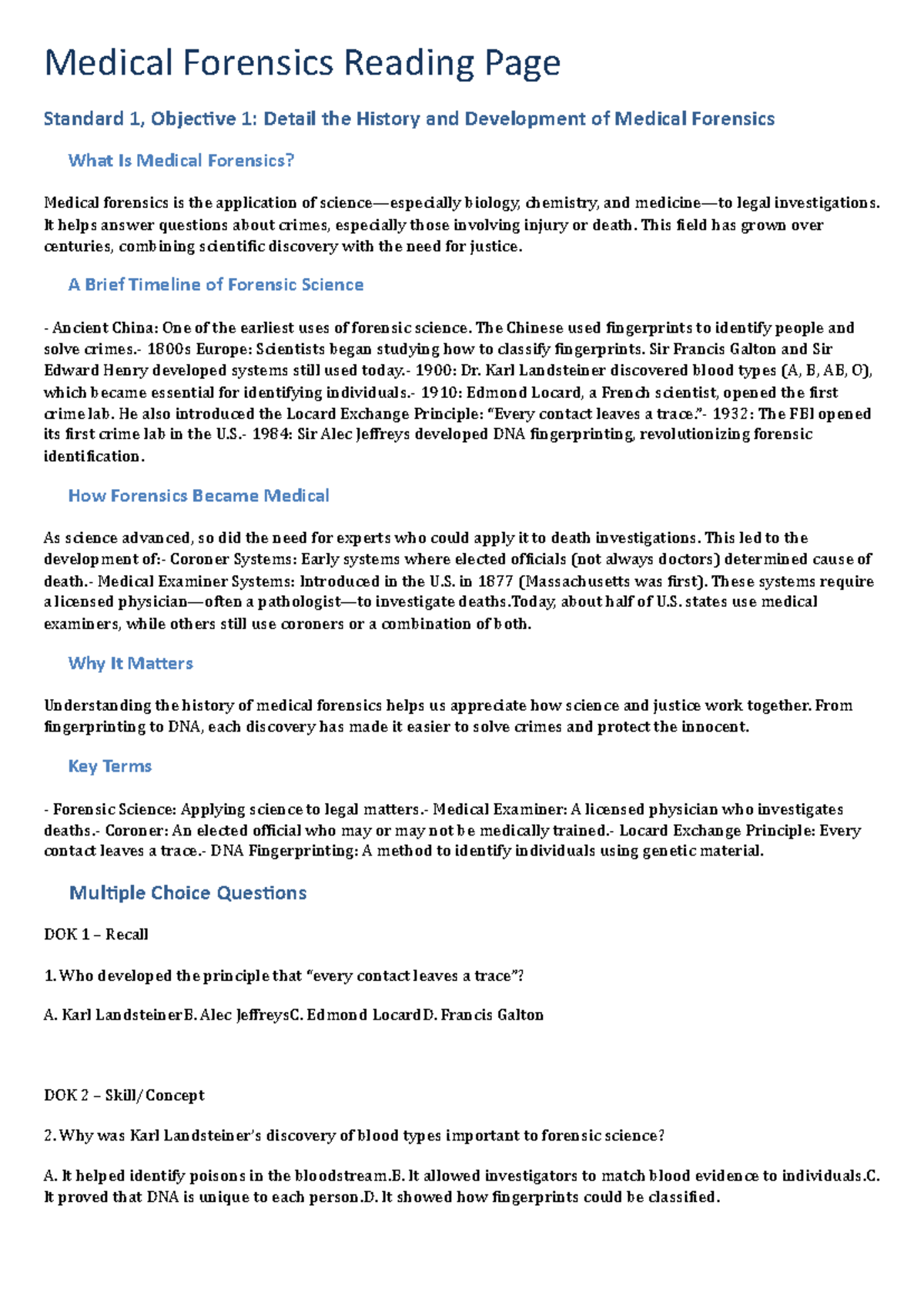 Medical Forensics Standard 1: History & Development Overview - Studocu