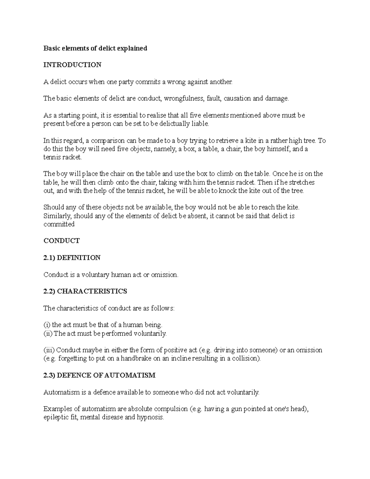 Understanding Basic Elements of Delict Law: Essential Insights - Studocu