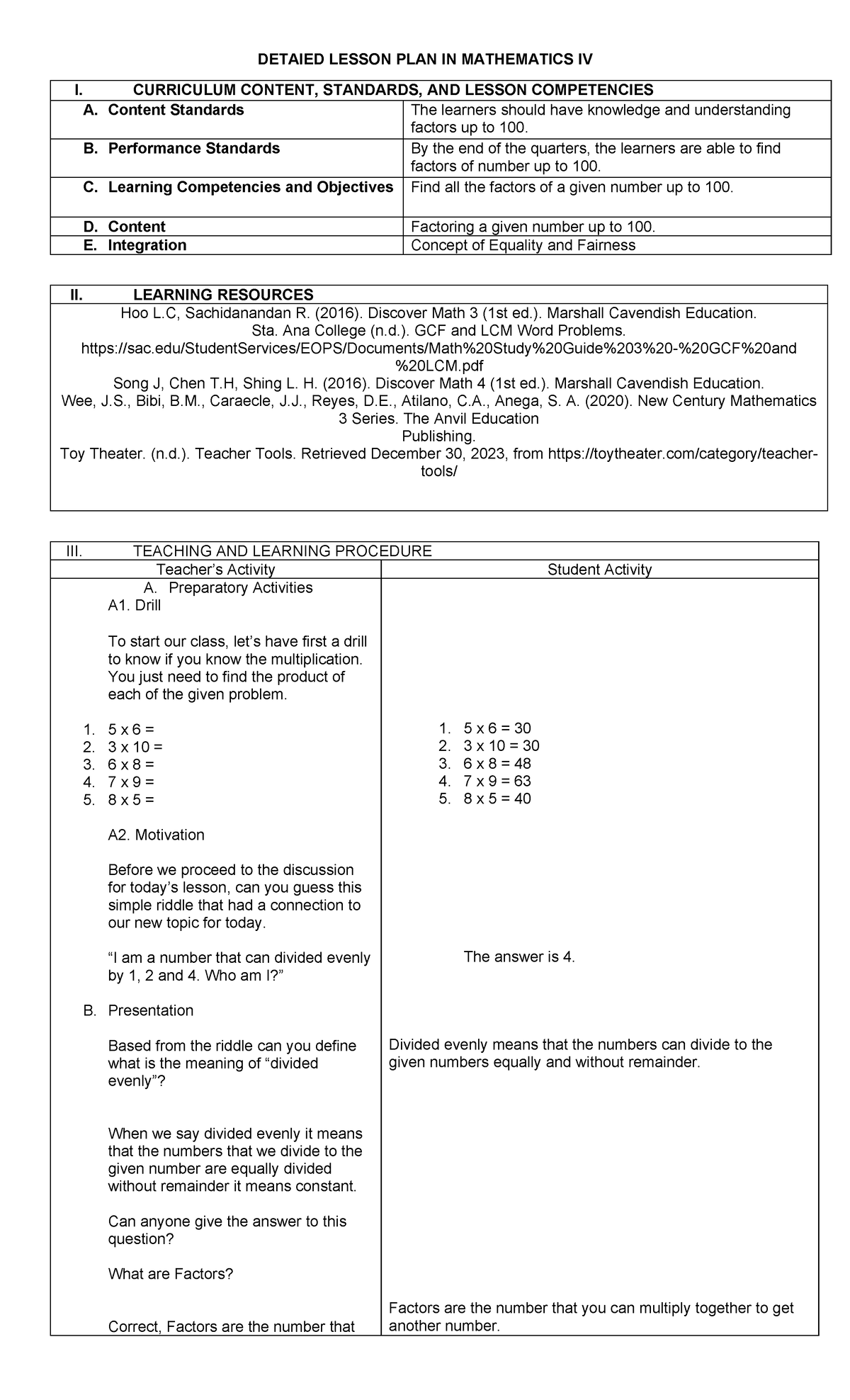 Detailed Lesson Plan in Mathematics IV: Factors up to 100 (DLP 7) - Studocu
