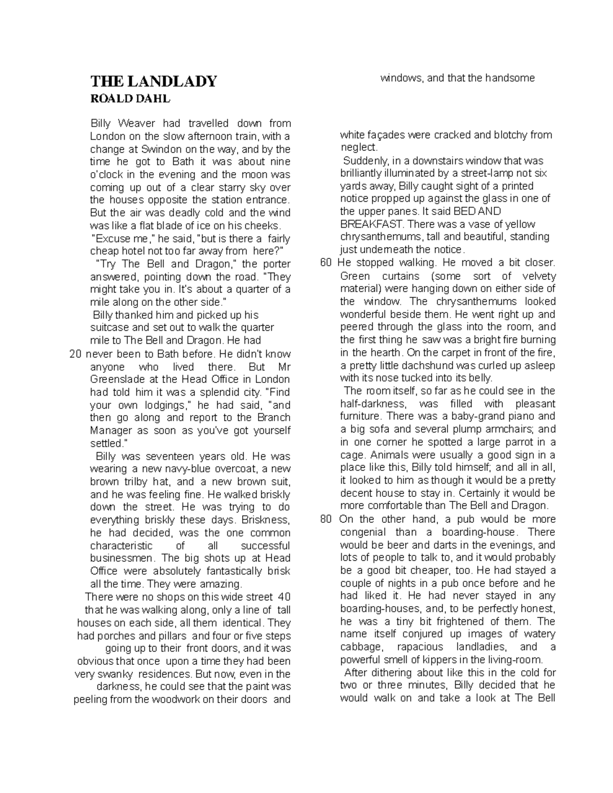 The Landlady (ENG 101) - A Study of Roald Dahl's Short Story - Studocu