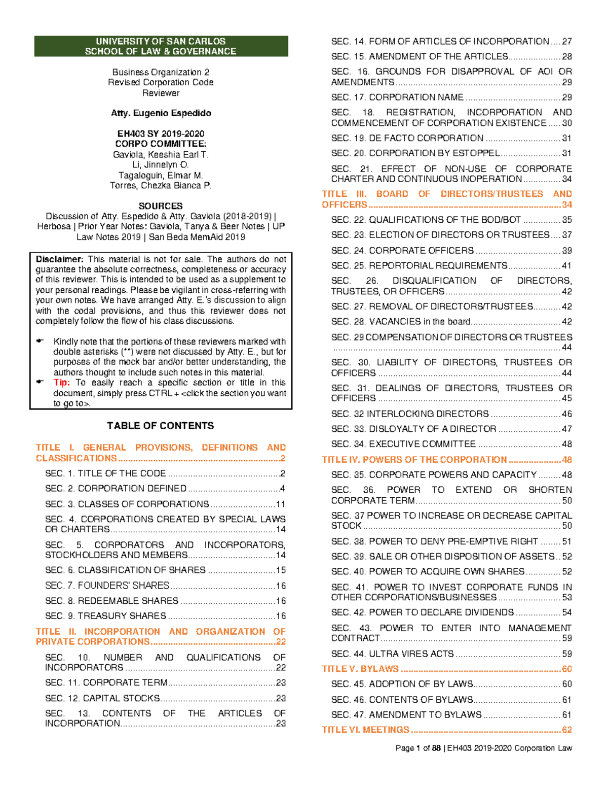 Revised Corporation Code Reviewer - BUSORG 2: A Study Guide - Studocu