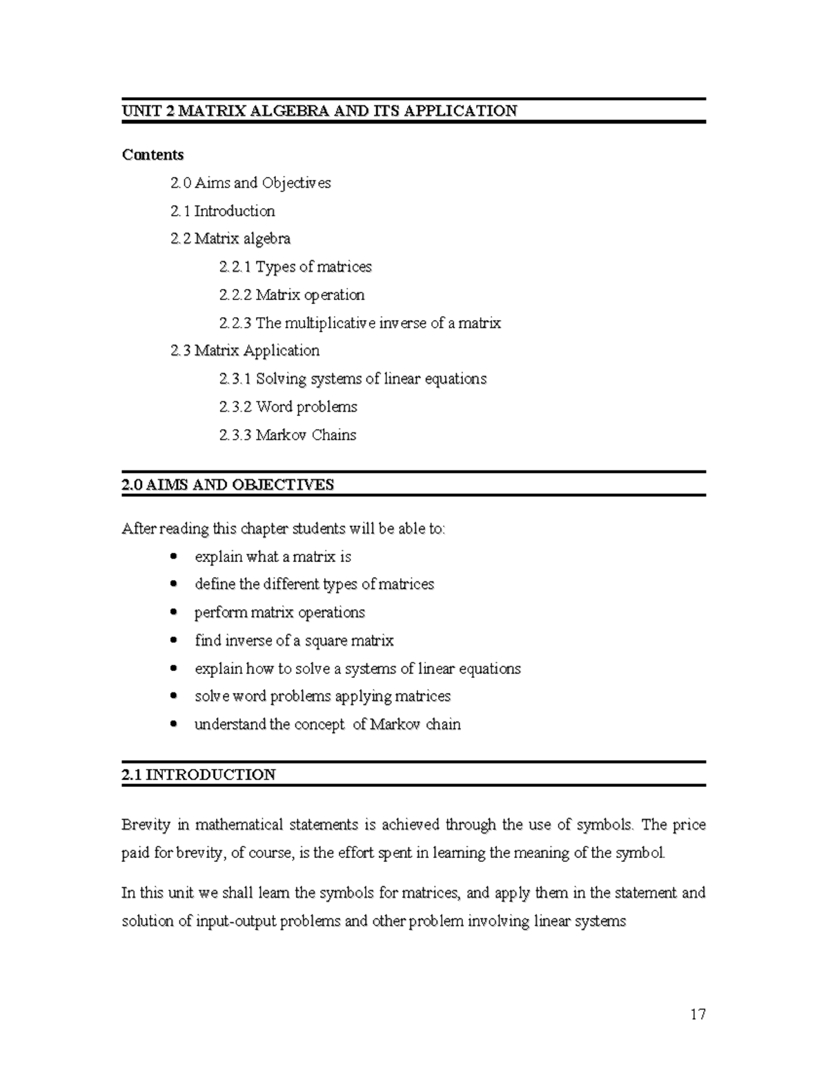 Unit 2: Matrix Algebra & Applications - MATH 101 Lecture Notes - Studocu