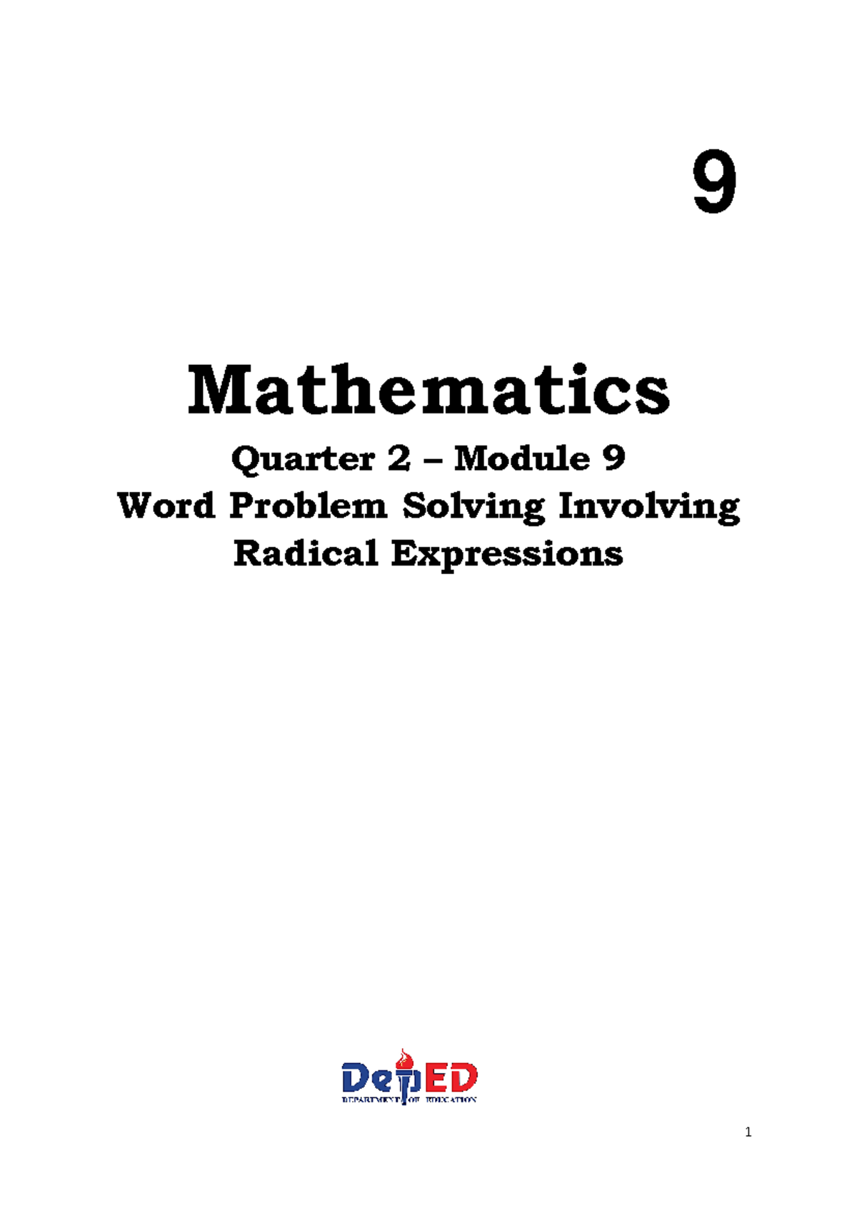 MATH-9 Q2 Week-9 Module-9 Problem Solving with Radical Equations - Studocu