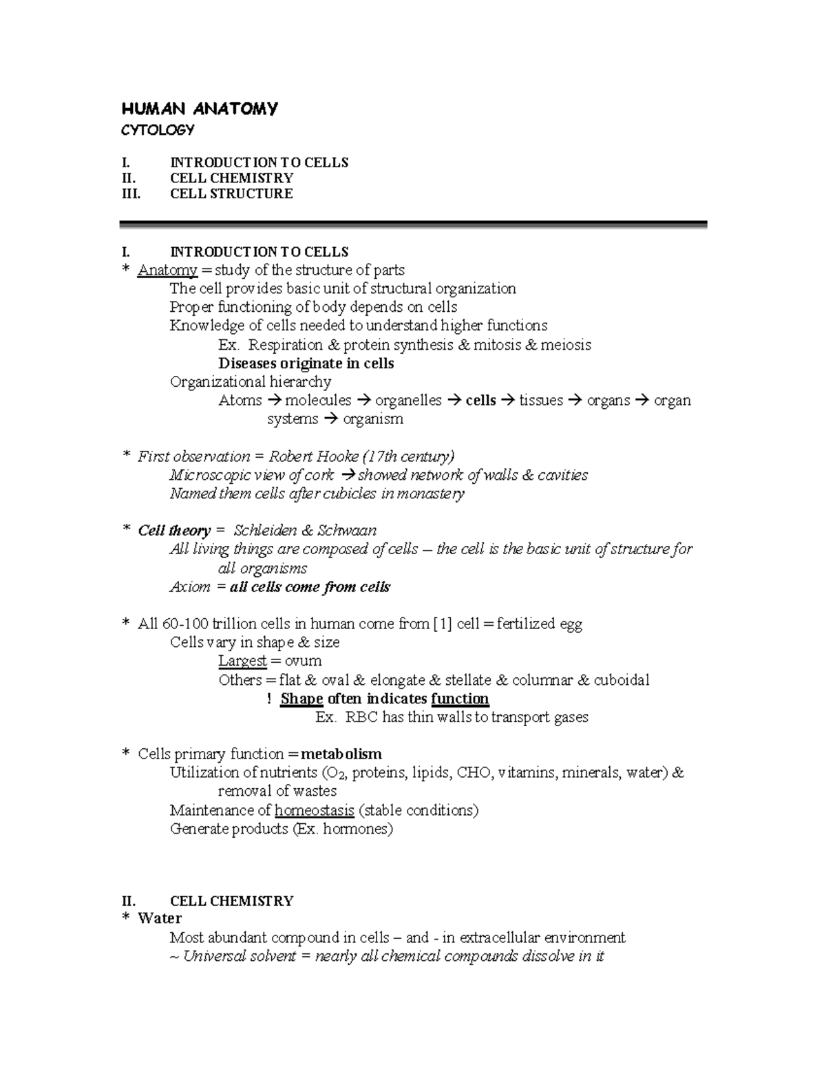 Human Anatomy (HUM 101): Overview of Cell Structure & Chemistry - Studocu