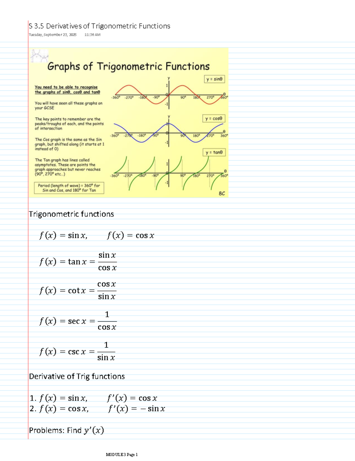 Derivatives of Trigonometric Functions - Module 3 Notes - MTSC 253 ...