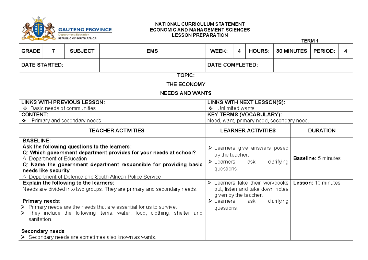 NATIONAL CURRICULUM EMS GRADE 7 LESSON PLAN: NEEDS & WANTS - Studocu