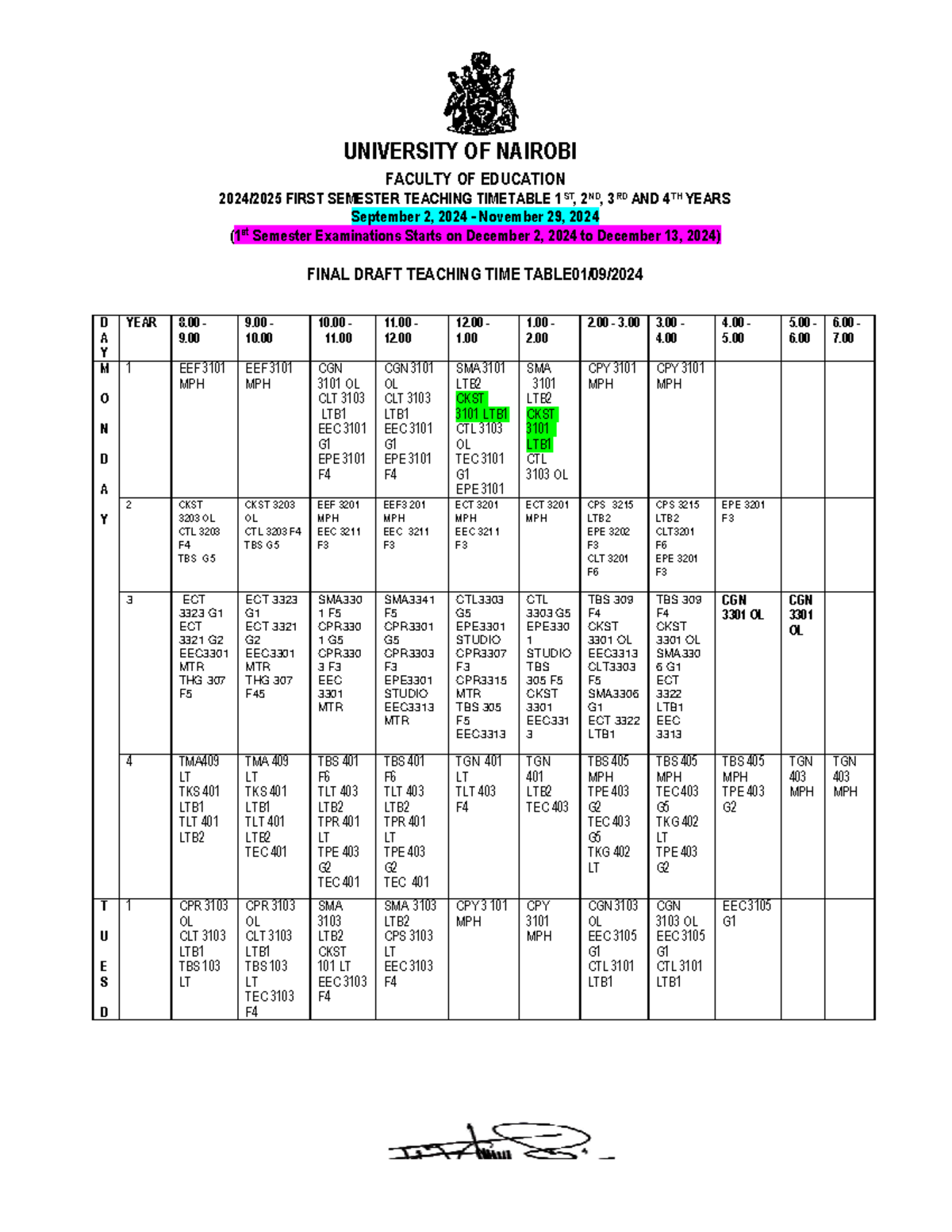 2024-2025 First Semester Teaching Timetable 1ST, 2ND, 3RD AND 4TH Years ...