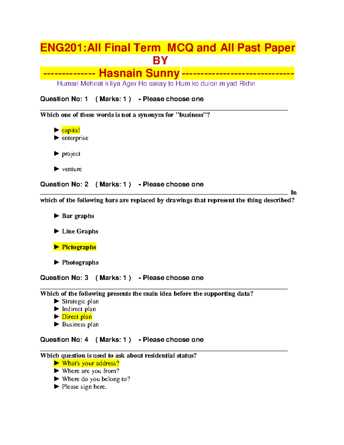 ENG201: Final Term MCQs and Past Papers Compilation - Studocu