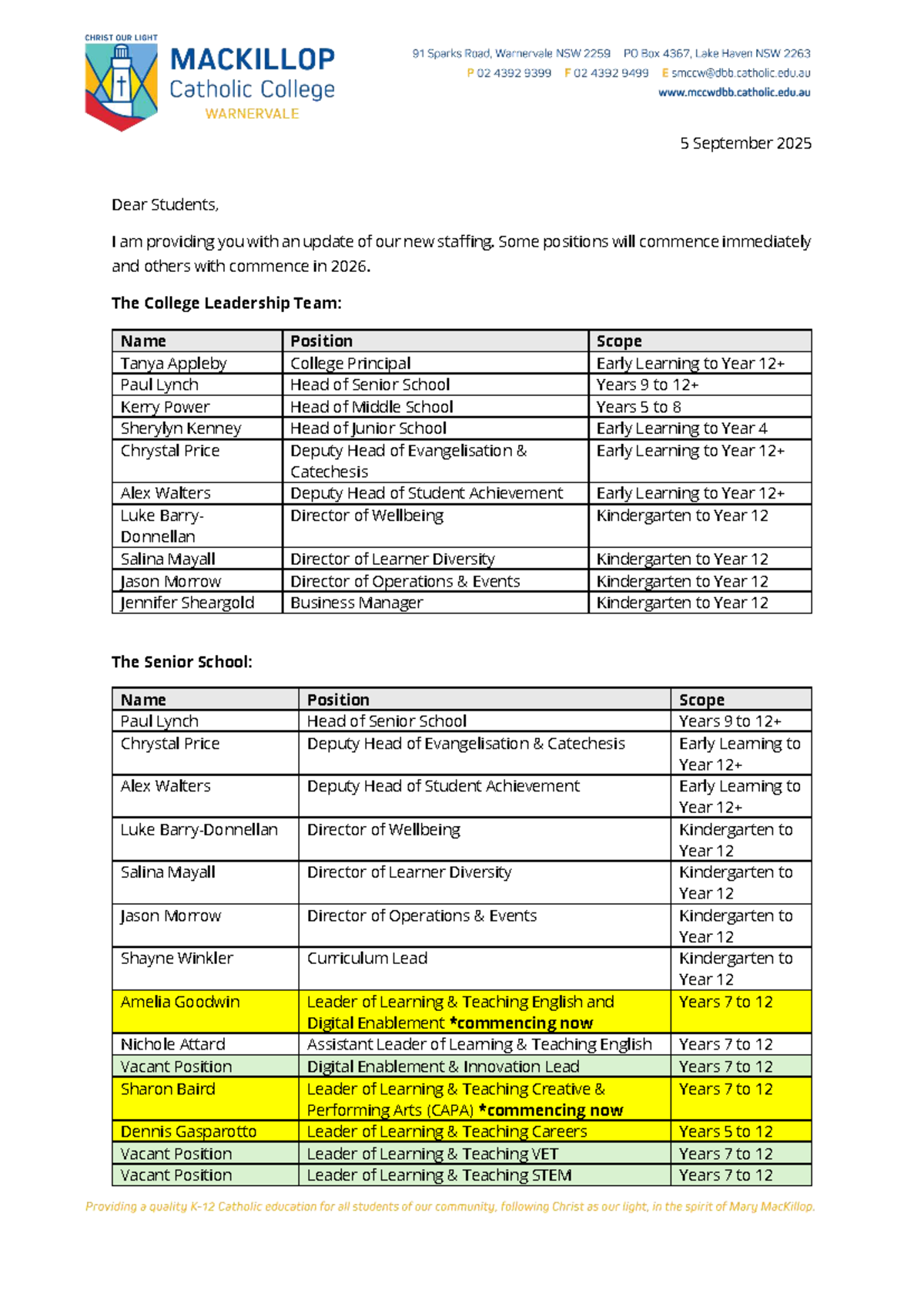 Letter to Students: Staffing Update for 2025-2026 - Studocu