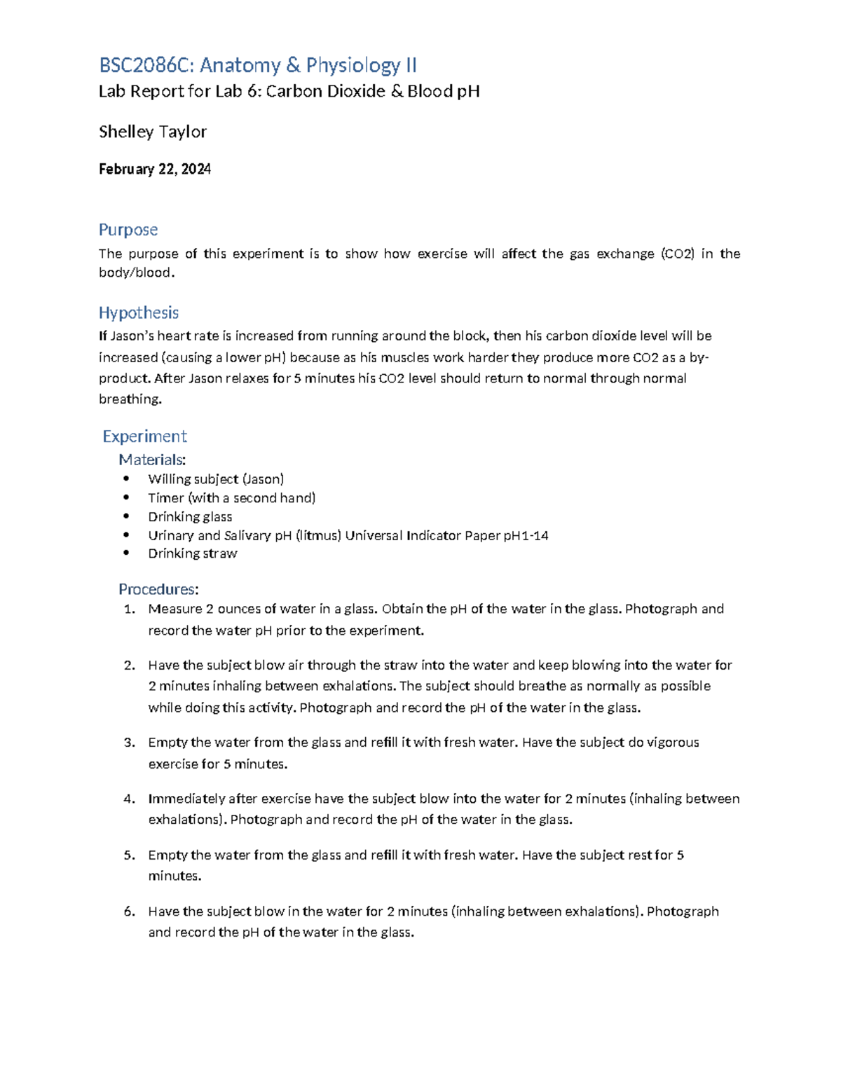 Bsc2086c Lab Report 6 Bsc2086c Anatomy And Physiology Ii Lab Report For Lab 6 Carbon Dioxide