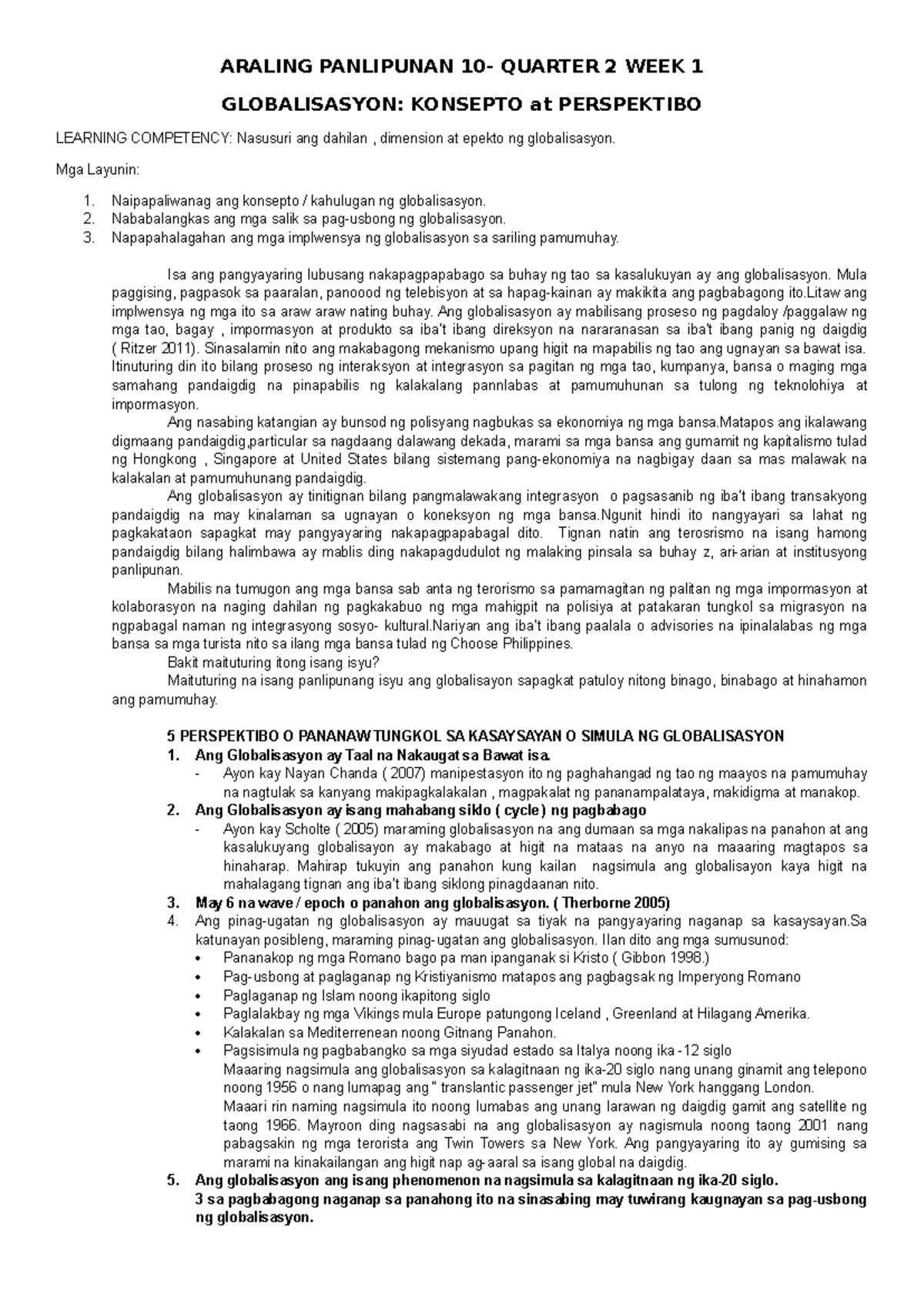 ARALING PANLIPUNAN 10: KONSEPTO at PERSPEKTIBO ng GLOBALISASYON - Studocu