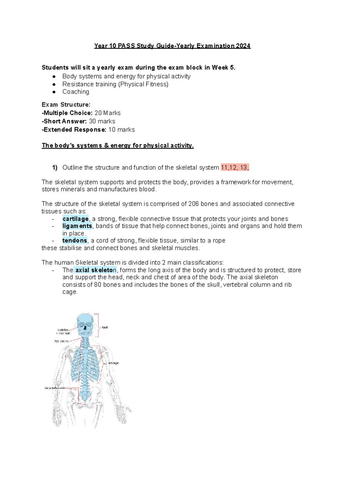 Year 10 PASS Study Guide - Yearly Exam 2024 on Skeletal & Muscular ...