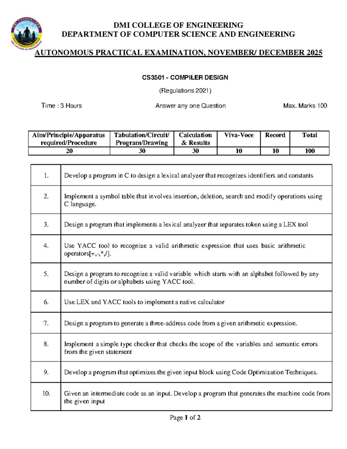 CS3501 Compiler Design - Practical Exam Question Set 1 - Studocu