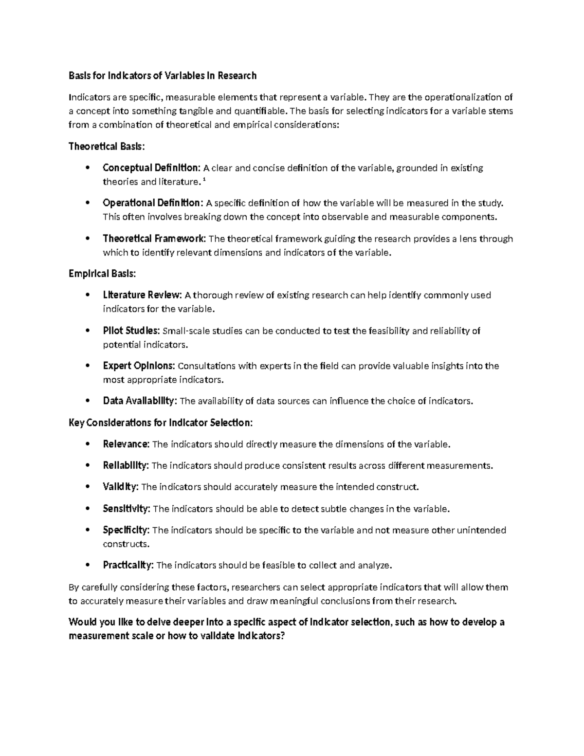 Basis for Selecting Research Indicators: Theoretical & Empirical ...