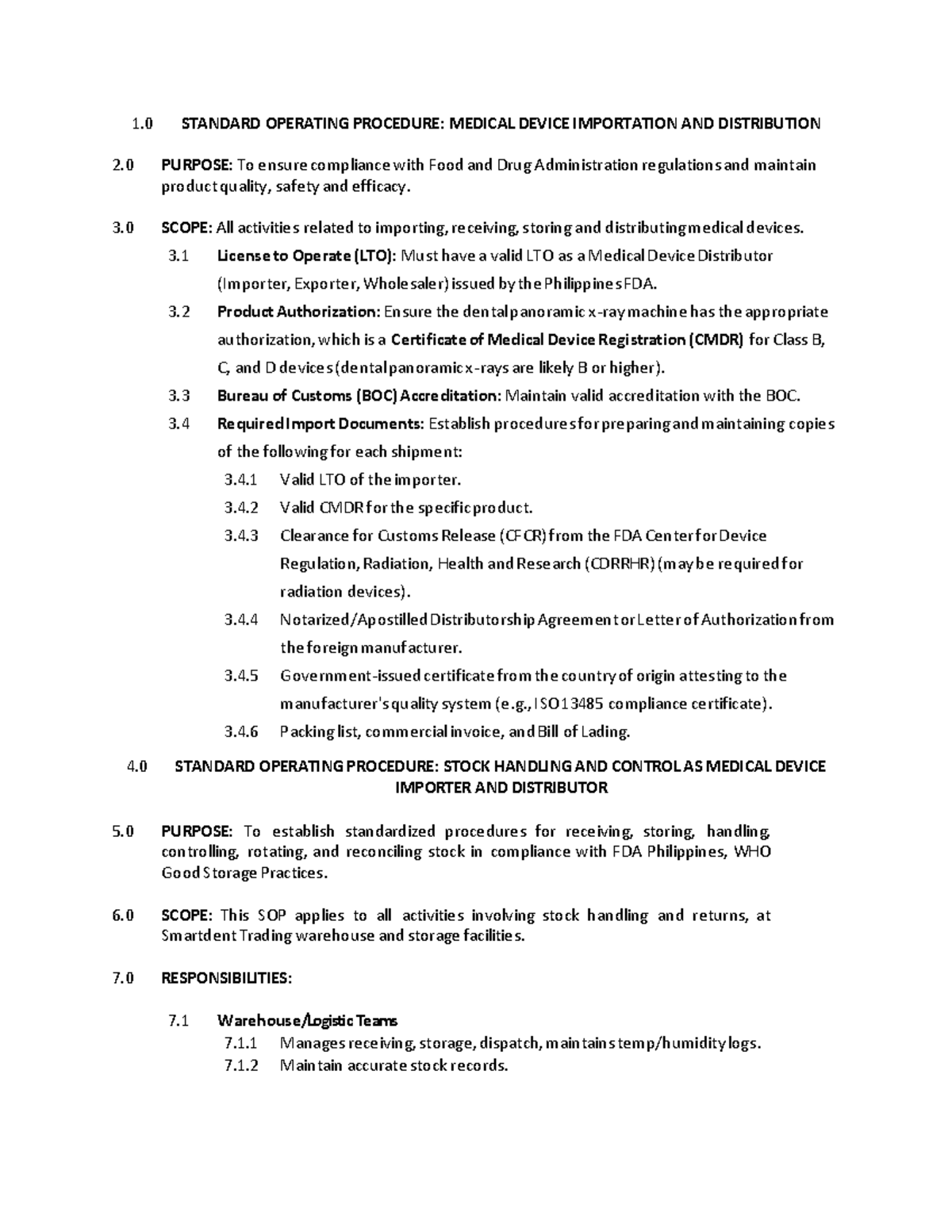 SOP: Medical Device Importation & Stock Handling Compliance - Studocu