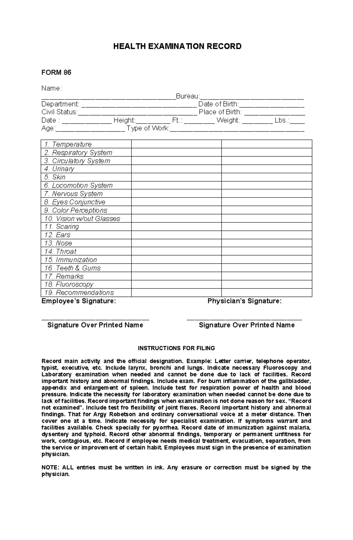 Form 86 Health Examination Record: Comprehensive Overview and ...