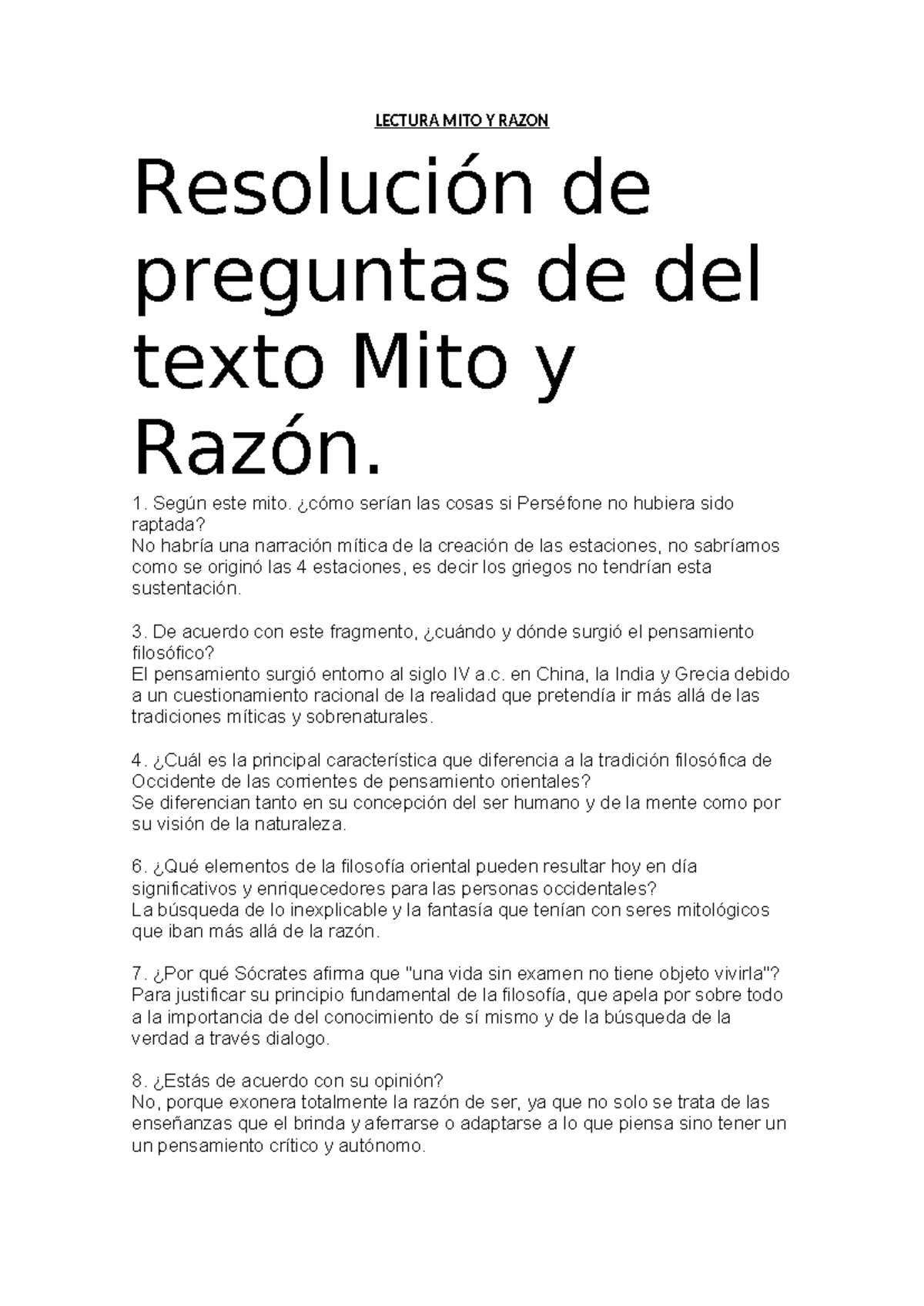 Lectura MITO Y Razon - LECTURA MITO Y RAZON Resolución de preguntas de ...