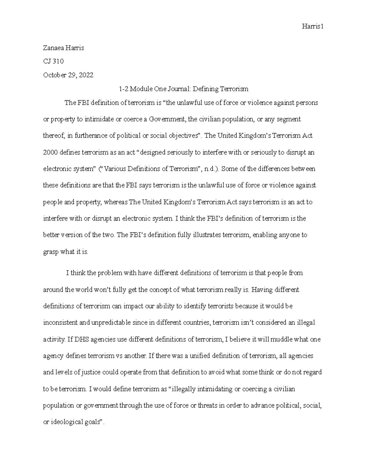 CJ 310 1-2 Module One Journal: Understanding Terrorism Definitions ...