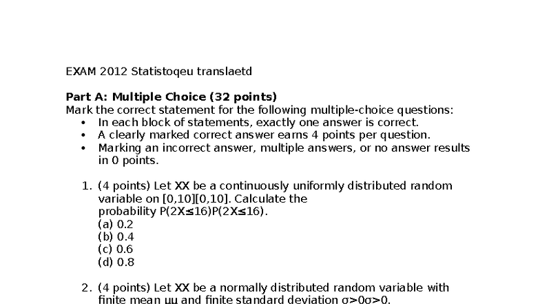 EXAM 2012 Statistics Multiple Choice Questions and Problems - Studocu