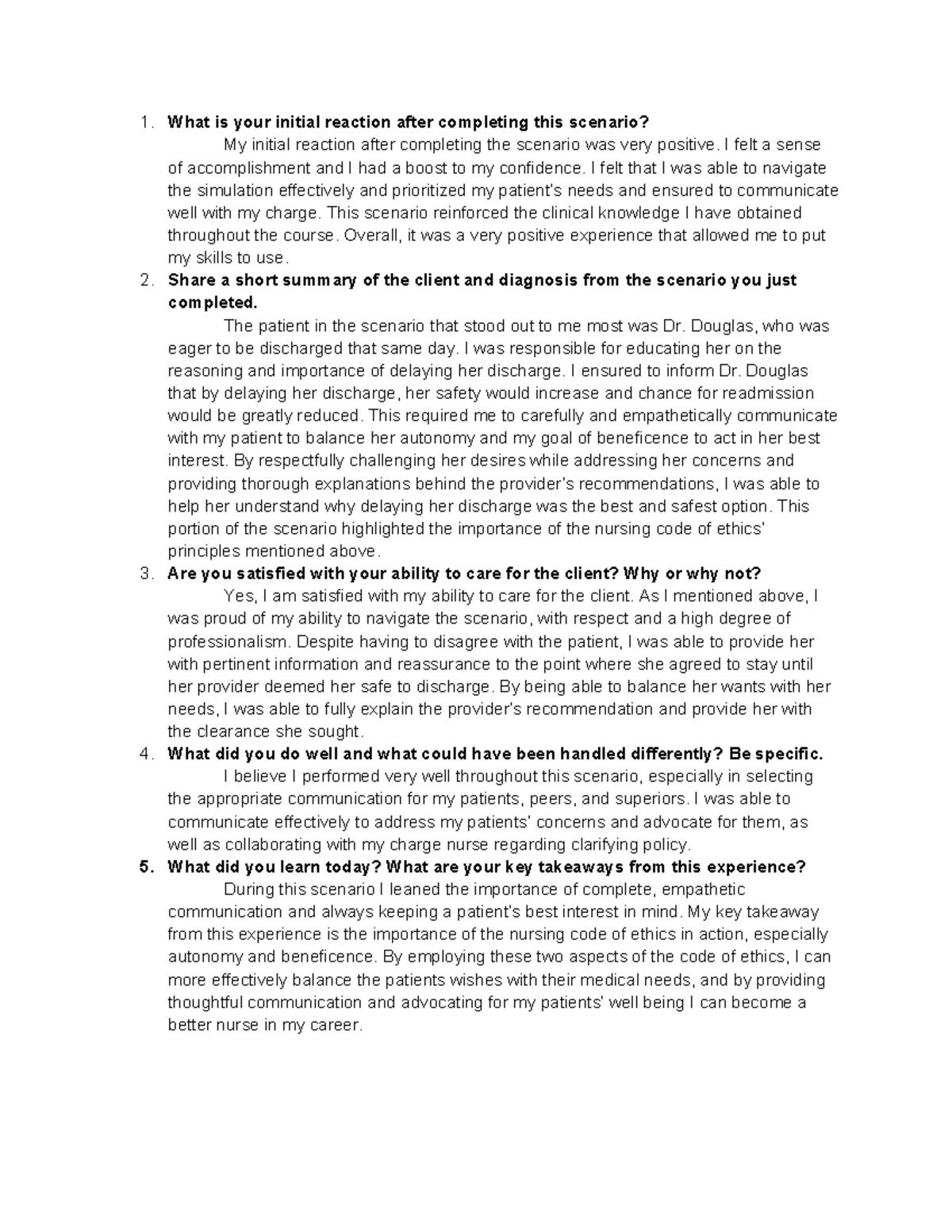 335 Nursing Reflection on Discharge Scenario and Patient Care - Studocu