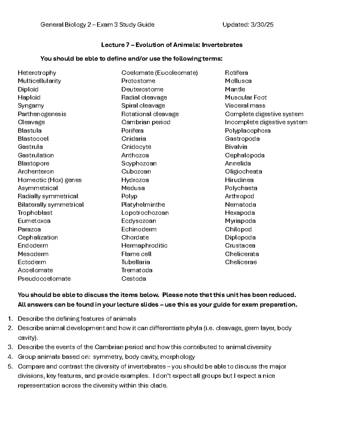 General Biology 2 – Exam 2 and 3 Study Guide: Animal Evolution ...