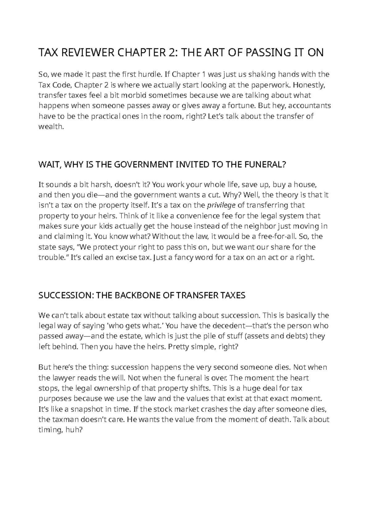 TAX REVIEWER CHAPTER 2: UNDERSTANDING TRANSFER TAXES - Studocu