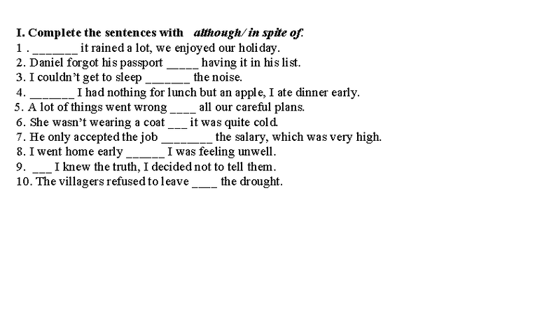 Because-Although 2 - Complete Sentences & Joining Exercises - Studocu